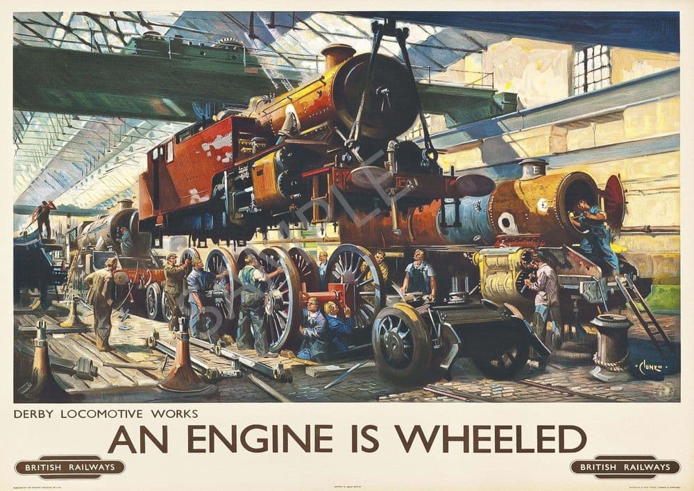 An engine is wheeled Terence Cuneo Derby Locomotive Works