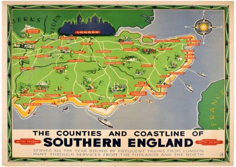 The Counties and Coastline of Southern England Map BR