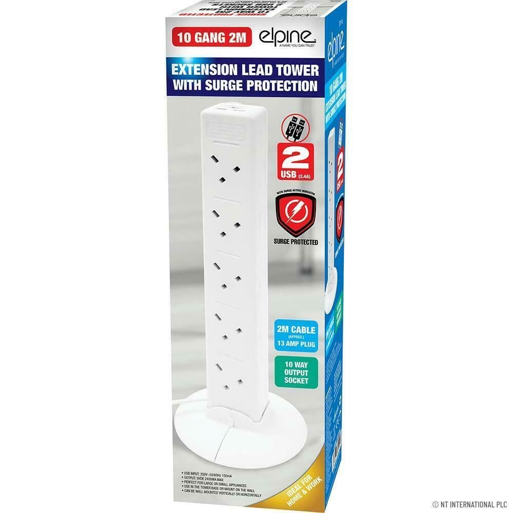 10 Way Gang Usb Socket 2M Mains Extension Tower With Surge Protected