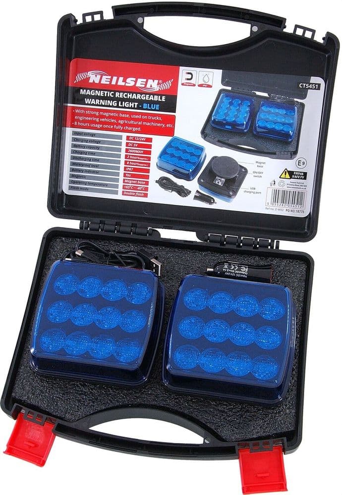 12 & 24V Wireless Led Blue Warning Lights - Magnetic & Rechargeable