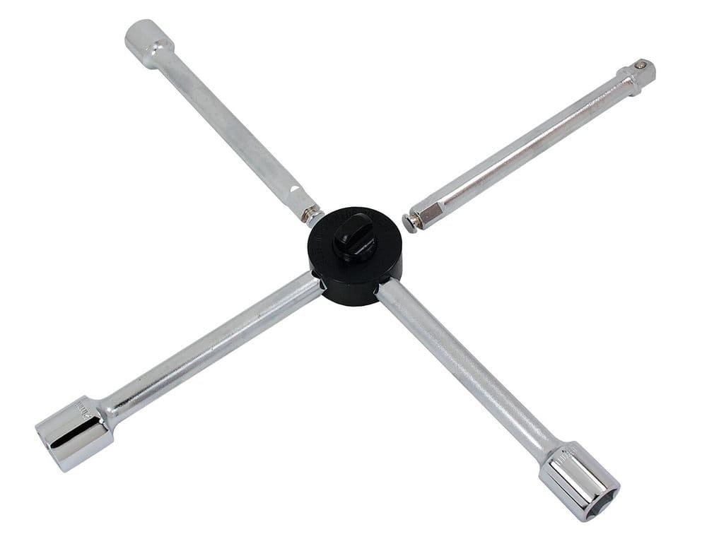 14" Foldable Cross Car Wheel Brace Spanner Wrench - Socket 17 19 21 & 23 mm