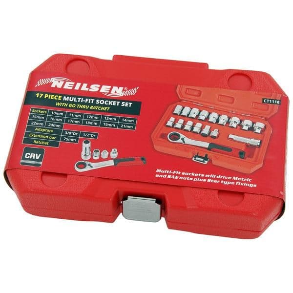 17Pc 10-24mm Go Thru Metric Sae Star Type Fixing Multi Fit Ratchet Socket