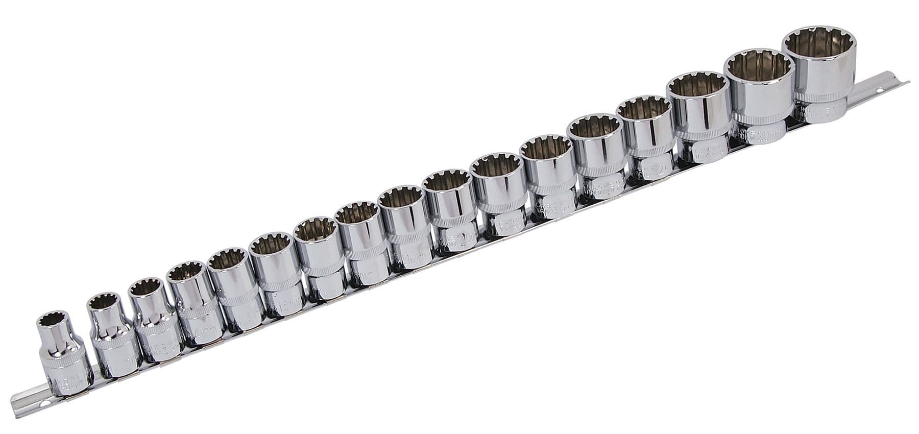 18 Pce 1 2 Dr Multi Fit Socket Set With Rail Fits Metric Sae