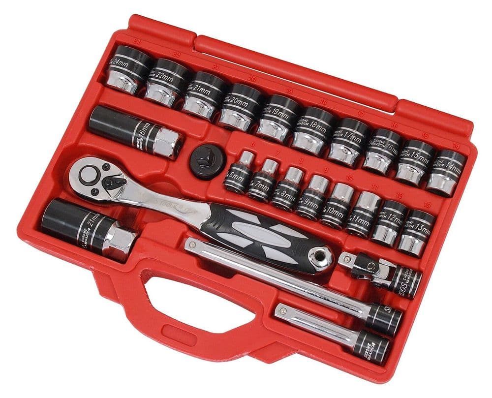 25Pc 3/8 Inch Metric Socket Set Crv With Extension Bar And A Case Sizes ...