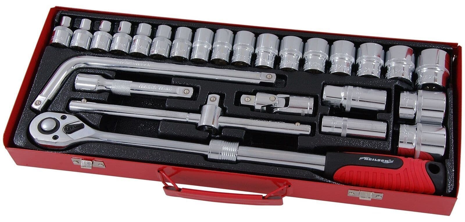 26Pc 1/2 Inch Drive Socket Set In Metal Case Extendable Ratchet