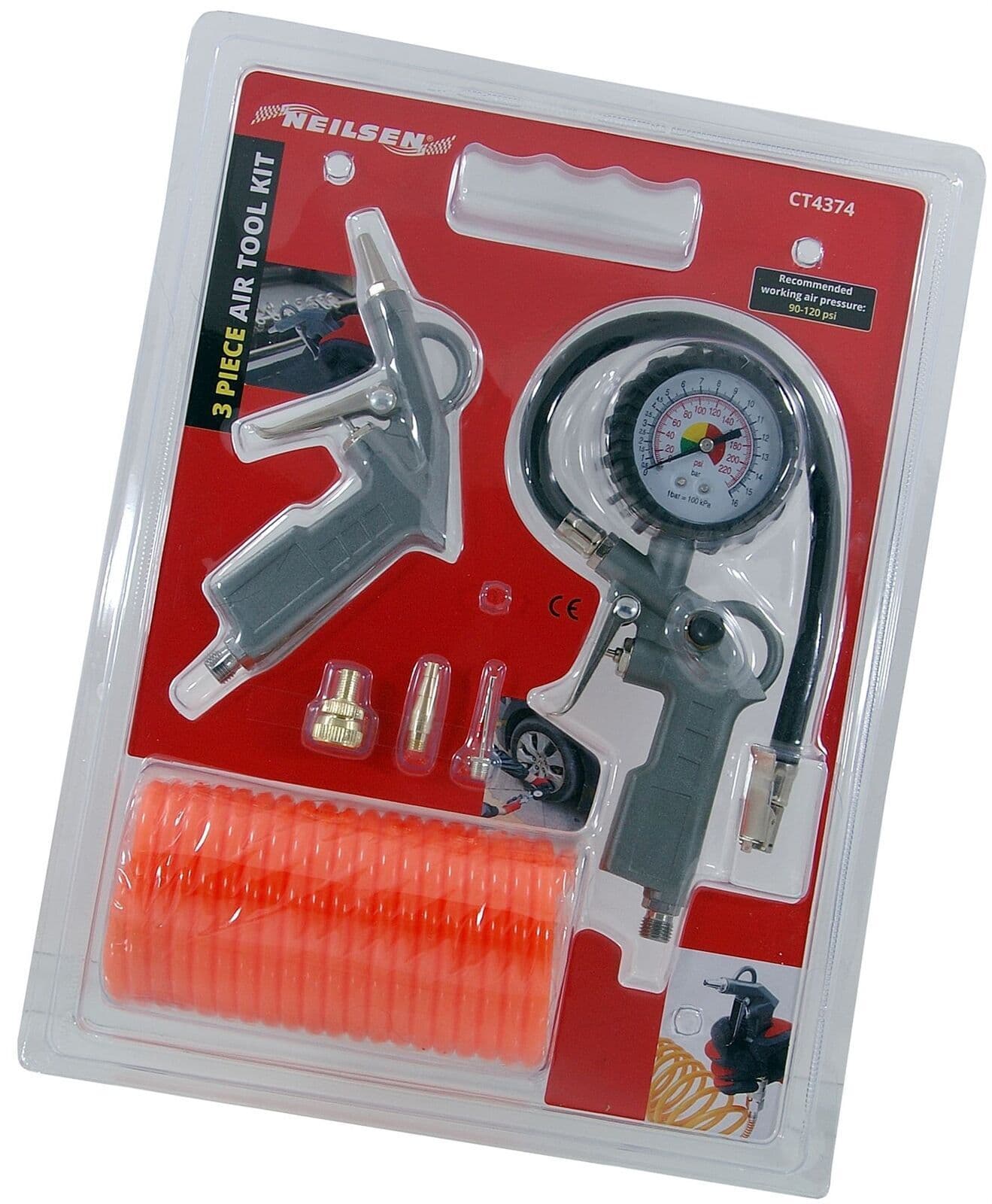 3Pc Air Tool Kit Includes Tyre Inflator Air Duster & 4 5M Coil Air Hose