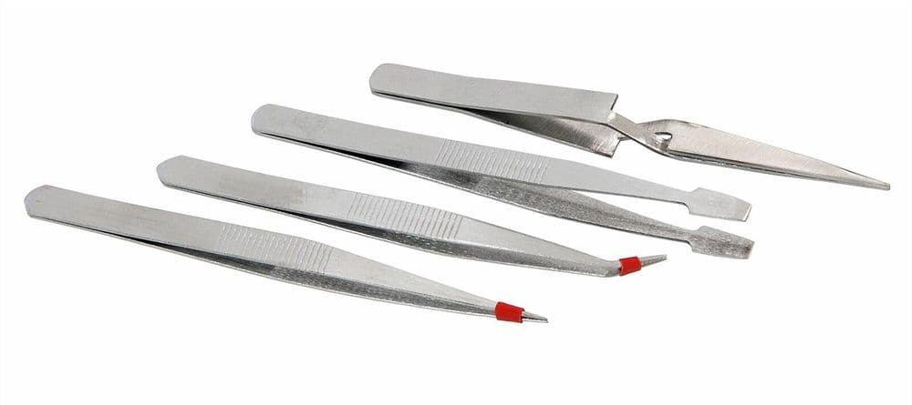 4 Pcs Hobby Tweezers Set - Straight Bent Cross Action & Spade Type