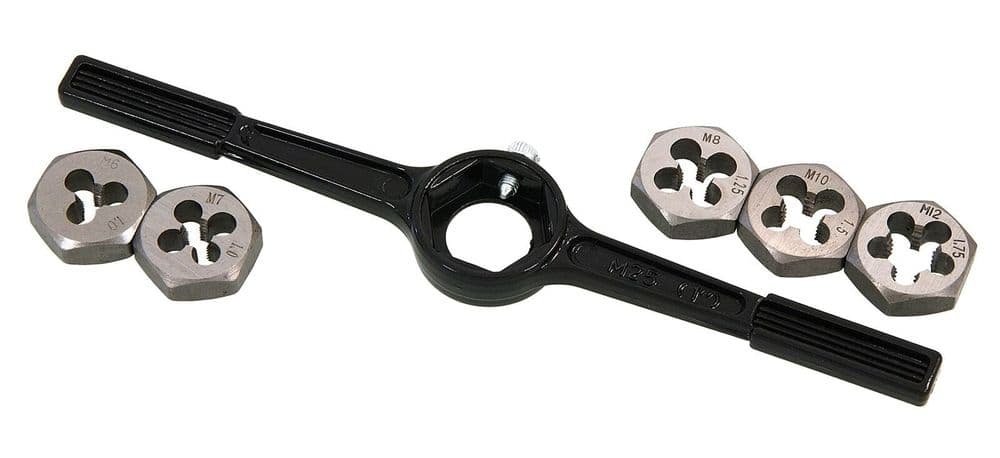 6Pc Tap & Die Set T-Handle Wrench Metric - Sizes M6 M7 M8 M10 & M12