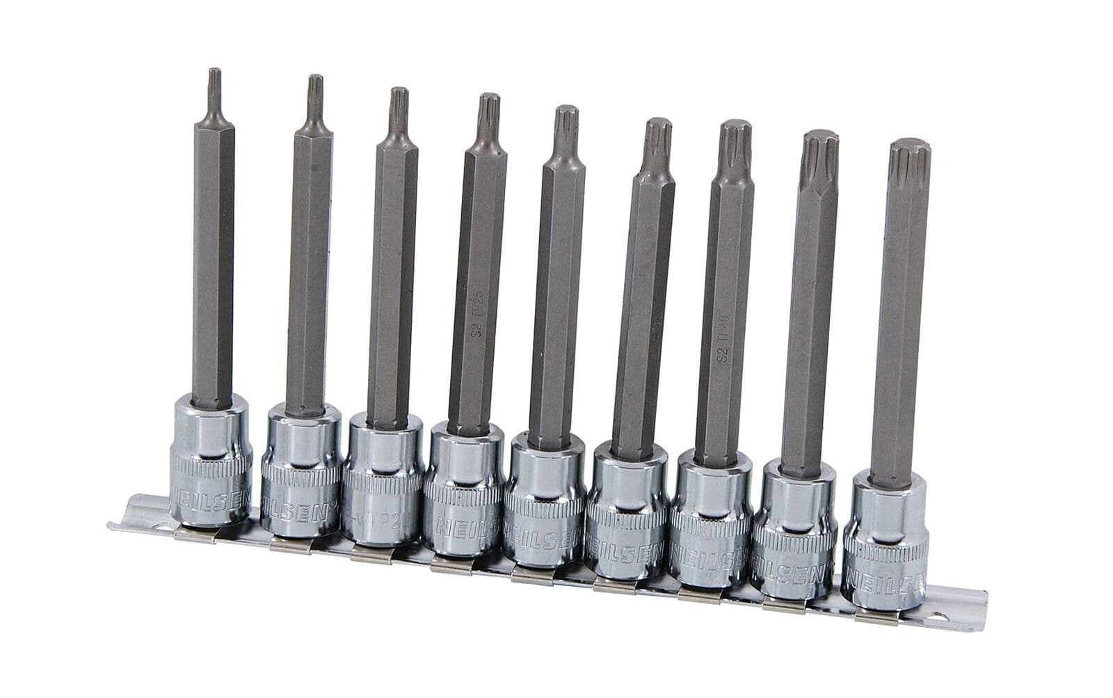 9Pc Extra Long 6 Sided Star Plus Security Bit Sockets 3/8" Drive Hex Set