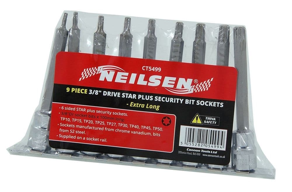 9Pc Extra Long 6 Sided Star Plus Security Bit Sockets 3/8" Drive Hex Set