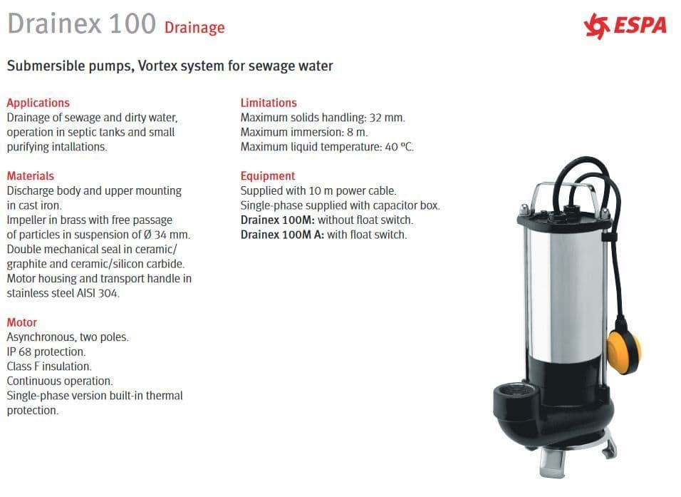 ESPA Drainex 100 Sewage Vortex Pump