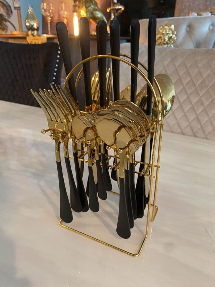 24 Piece Gold & Black Cutlery Set With Stand