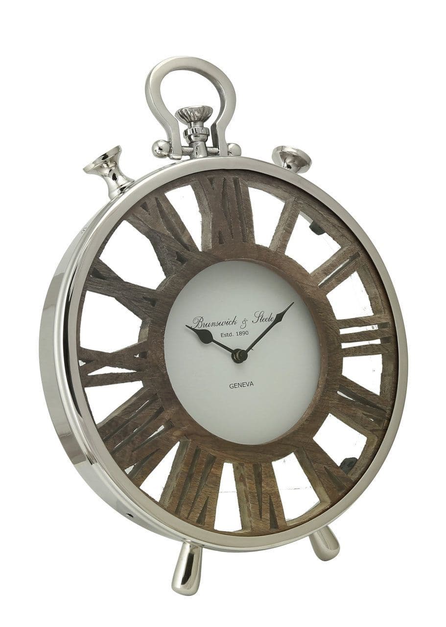 42 5cm Round Table Clock Nickel And Wood