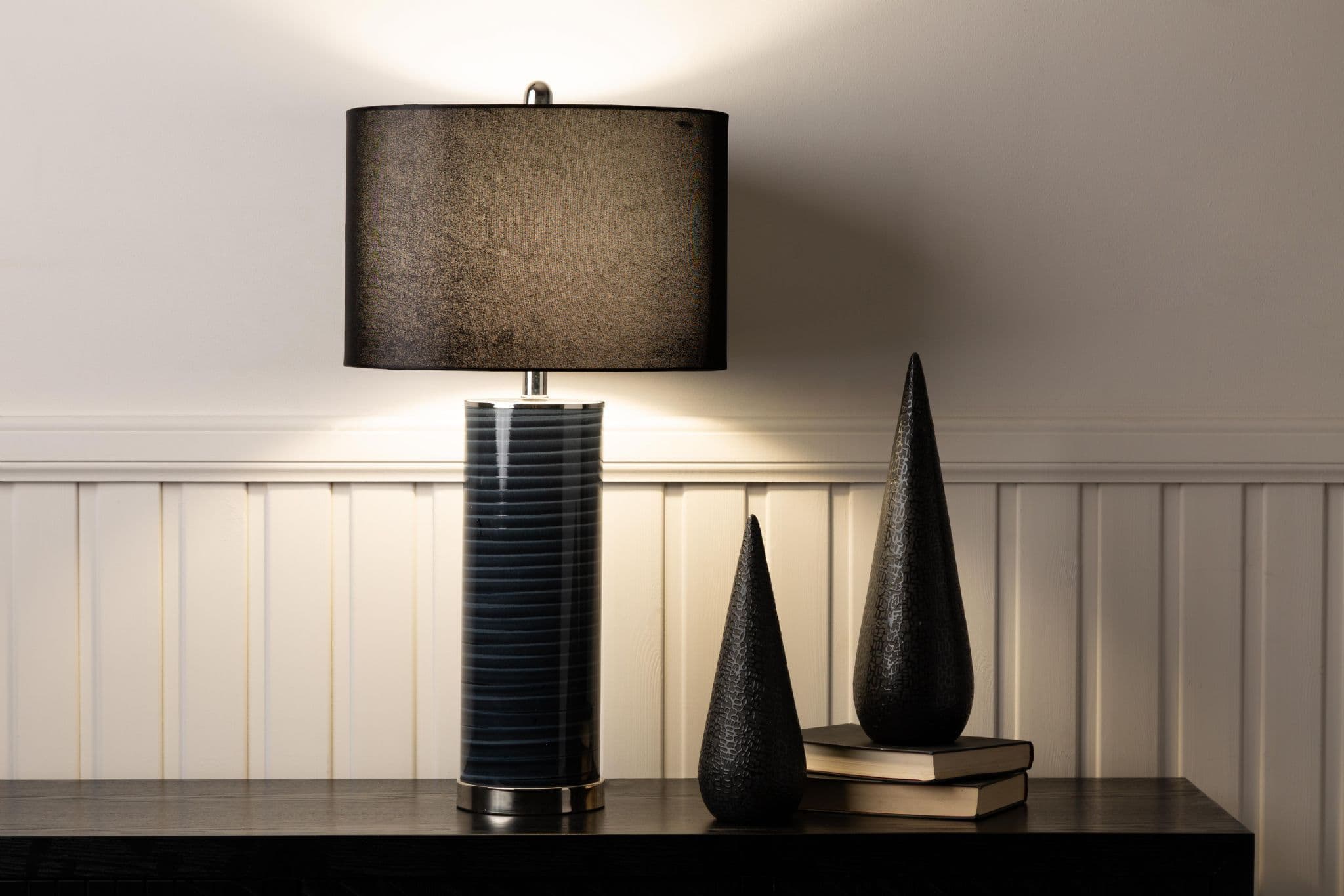 72 4cm Black Stripe Table Lamp with Black Linen Shade