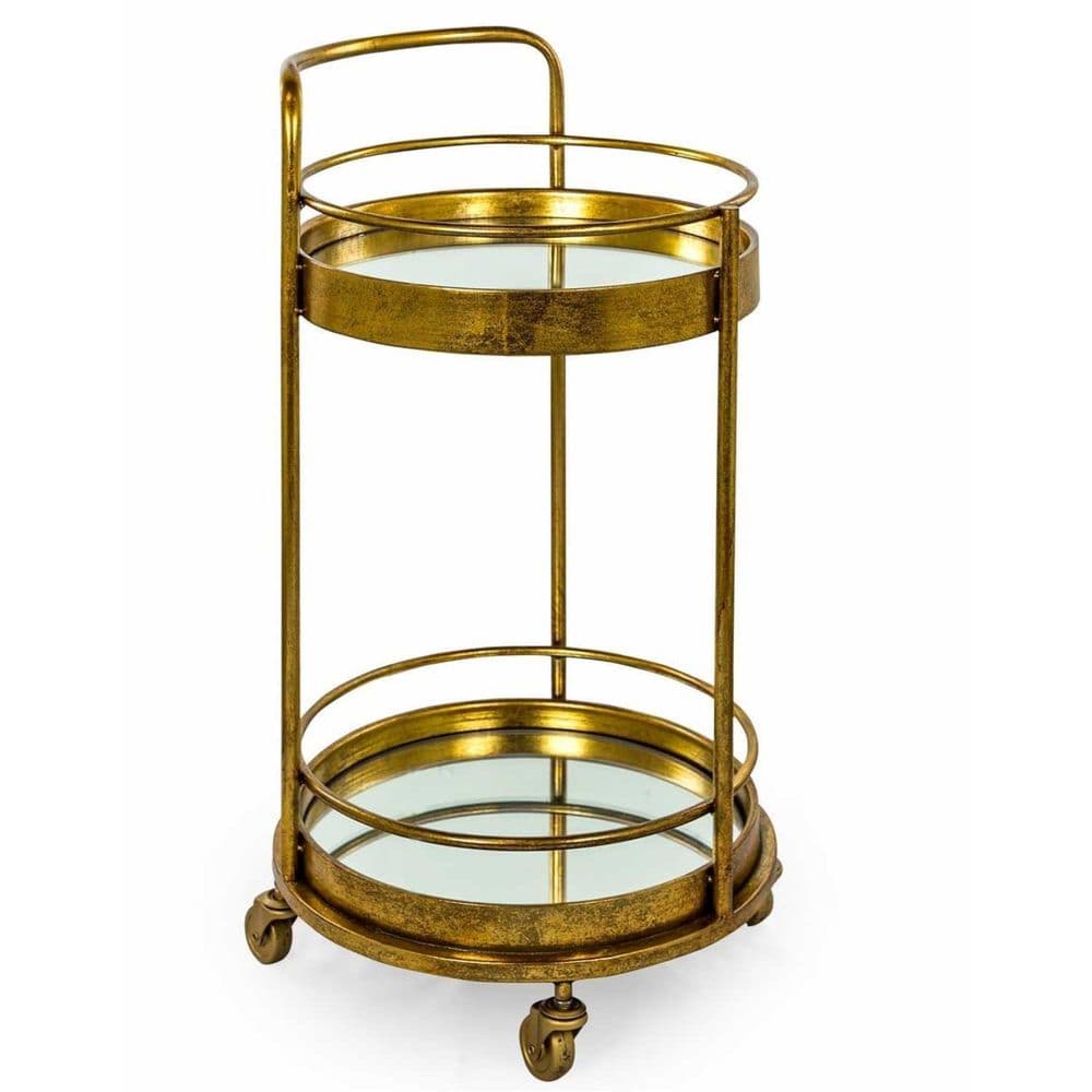 Antique Gold/Bronze Leaf Metal Small Round Bar Trolley with Mirror Shelves