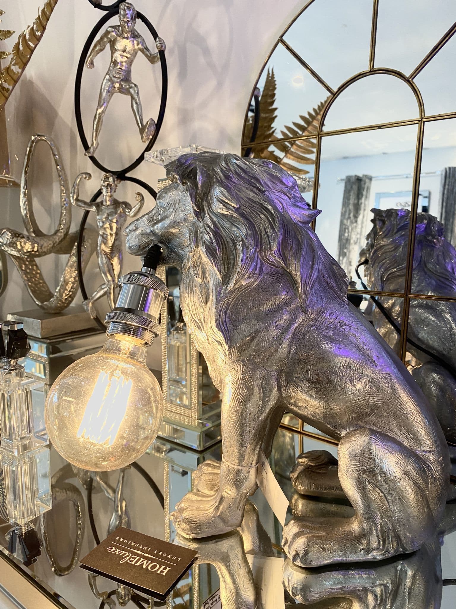 Antique Silver Sitting Lion Table Lamp