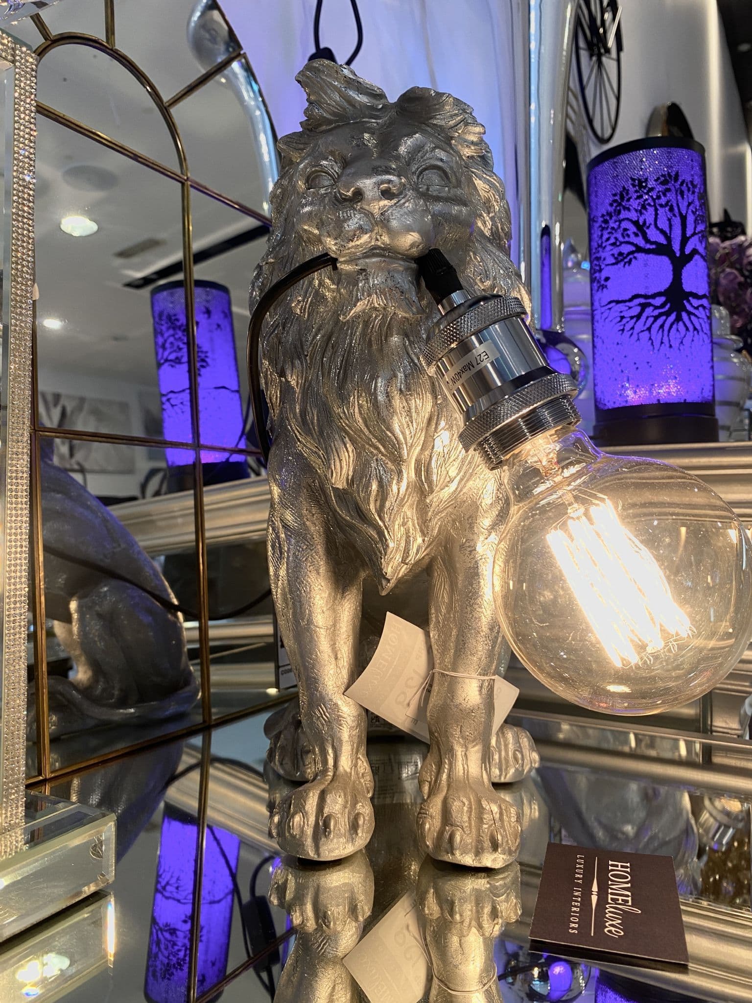 Antique Silver Sitting Lion Table Lamp