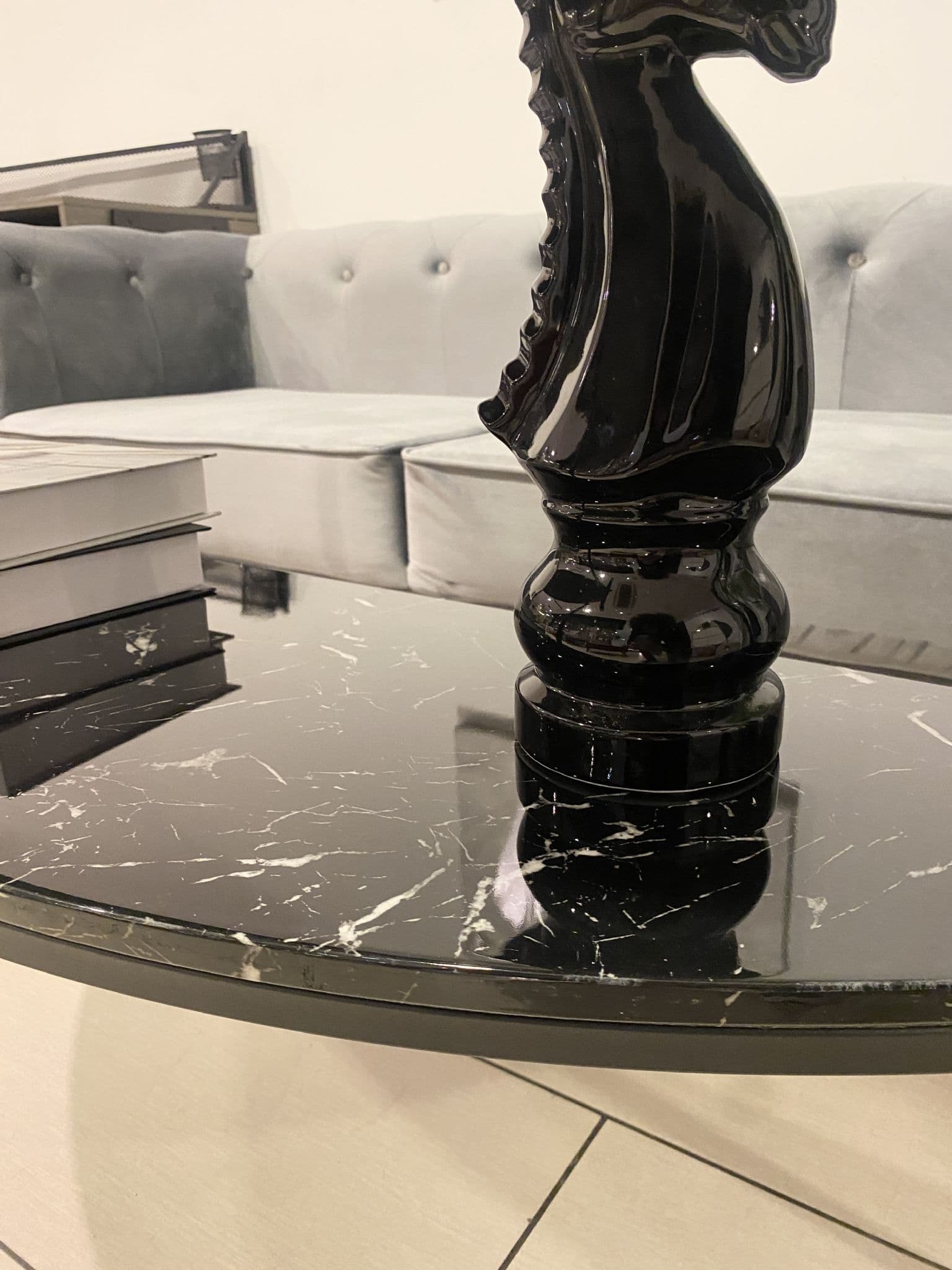 Black Half Moon Marble Effect Console Table