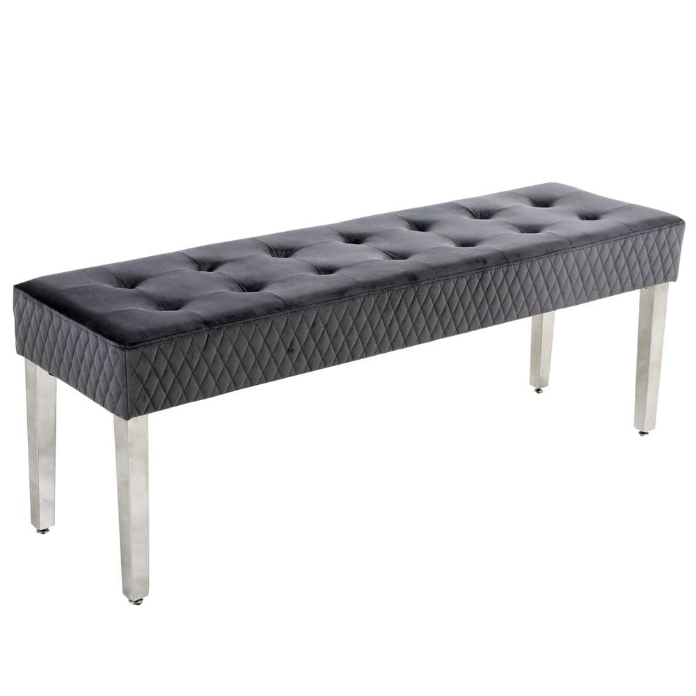 Long Dining Bench Quilted Brushed Velvet Grey