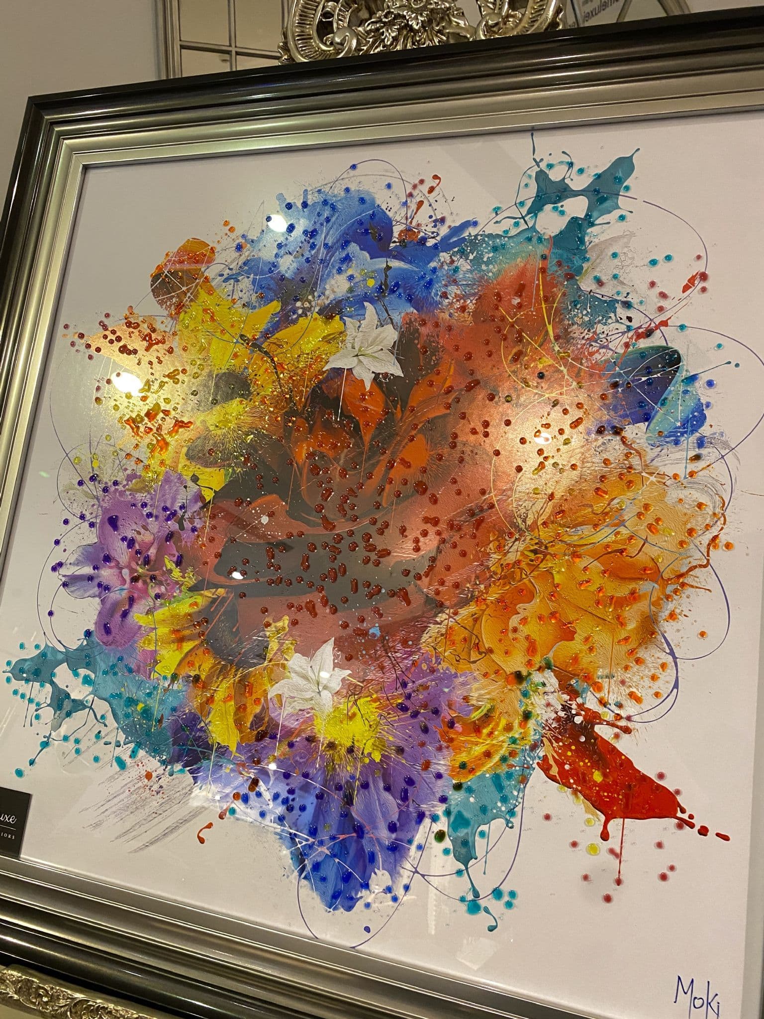 Lotus Flower Multicolour Paint Wall Art Black Step Frame 85Cm X 85Cm