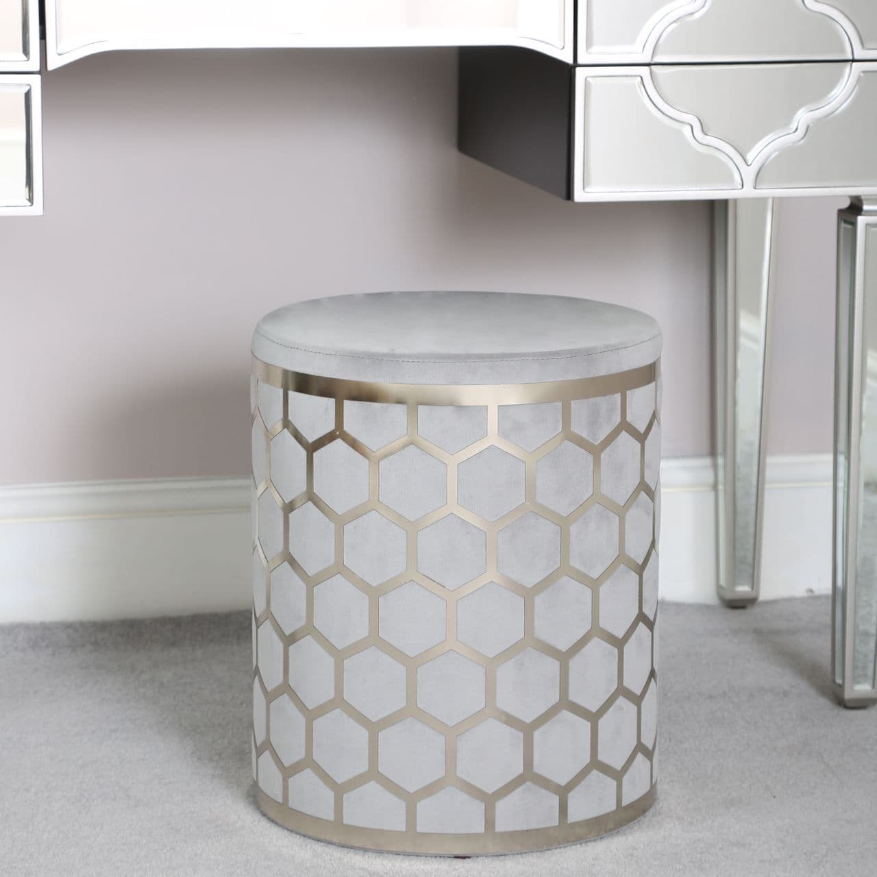 Luxe Lattice Round Stool Grey Chrome