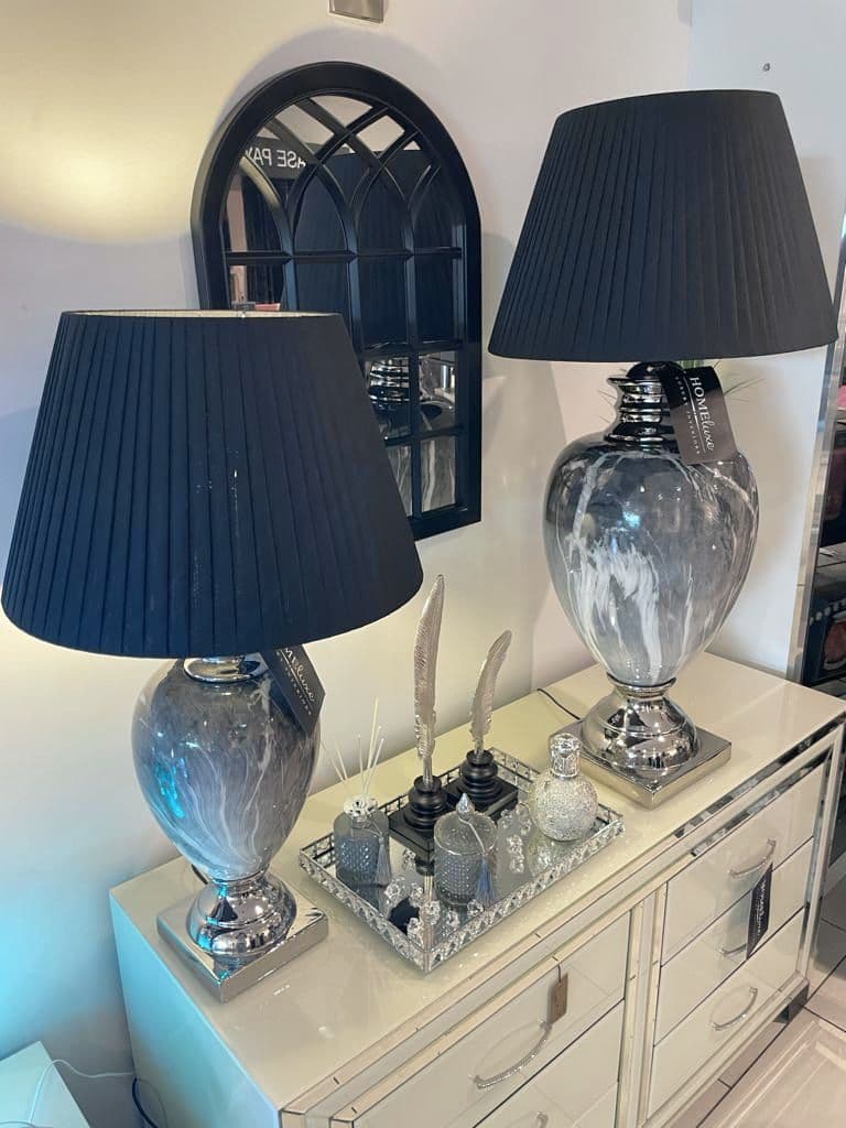 Marble Effect Table Lamp With Black Round Shade Extra Large