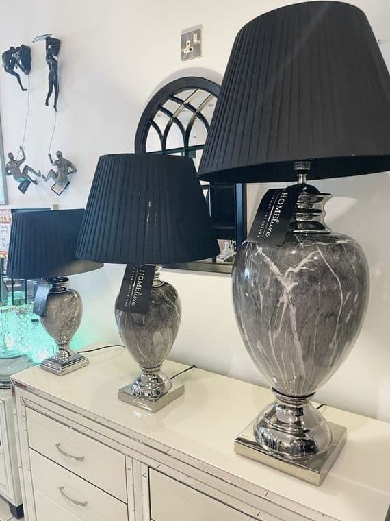 Marble Effect Table Lamp With Black Round Shade Extra Large