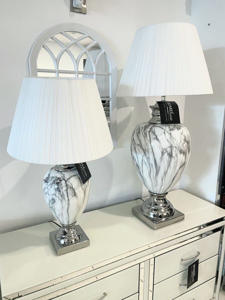 Marble Effect Table Lamp With White Round Shade Extra Large