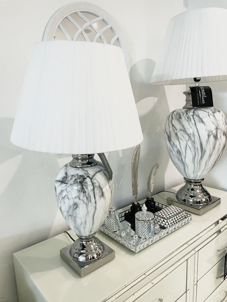 Marble Effect Table Lamp With White Round Shade Large
