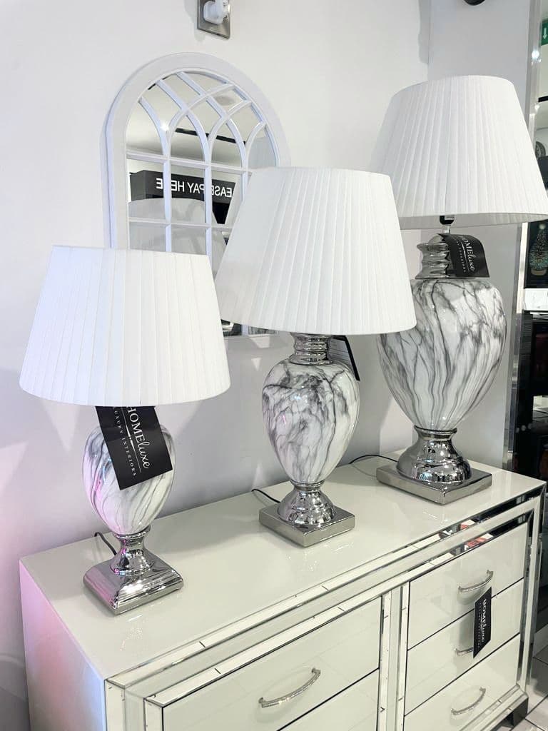Marble Effect Table Lamp With White Round Shade Large