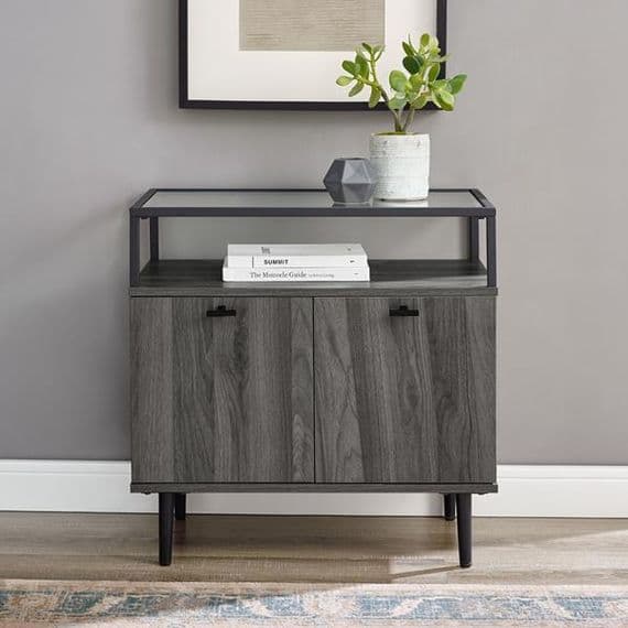 Modern Glass Top 2-Door Side Table - Slate Grey