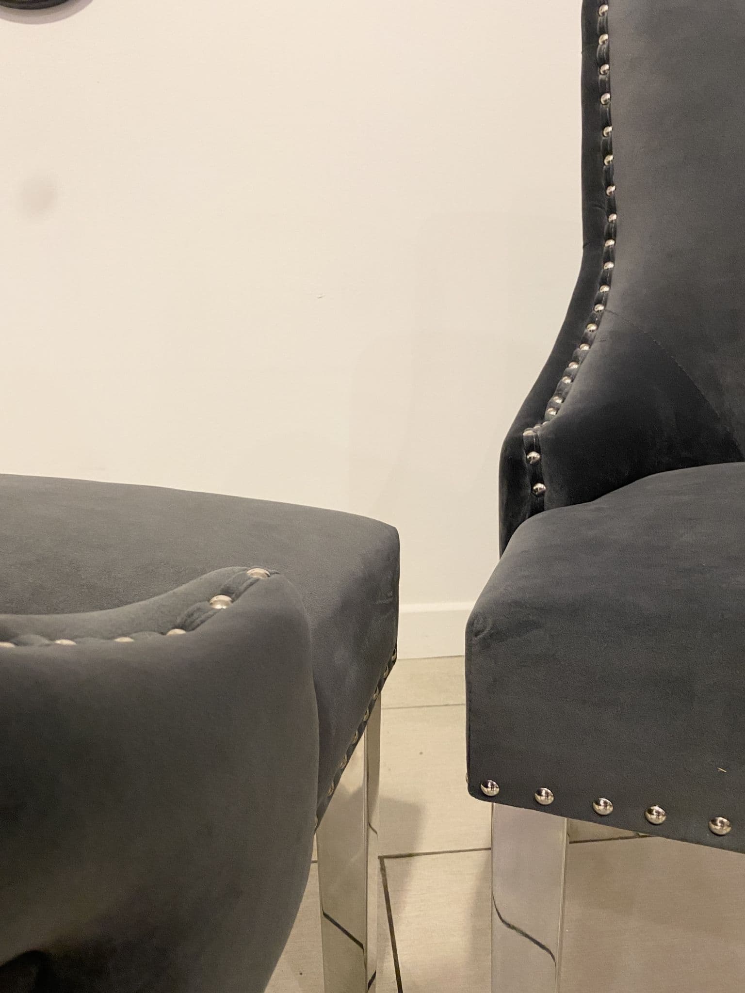 Pair Of Arya Dining Chairs With Ringback In Grey Velvet