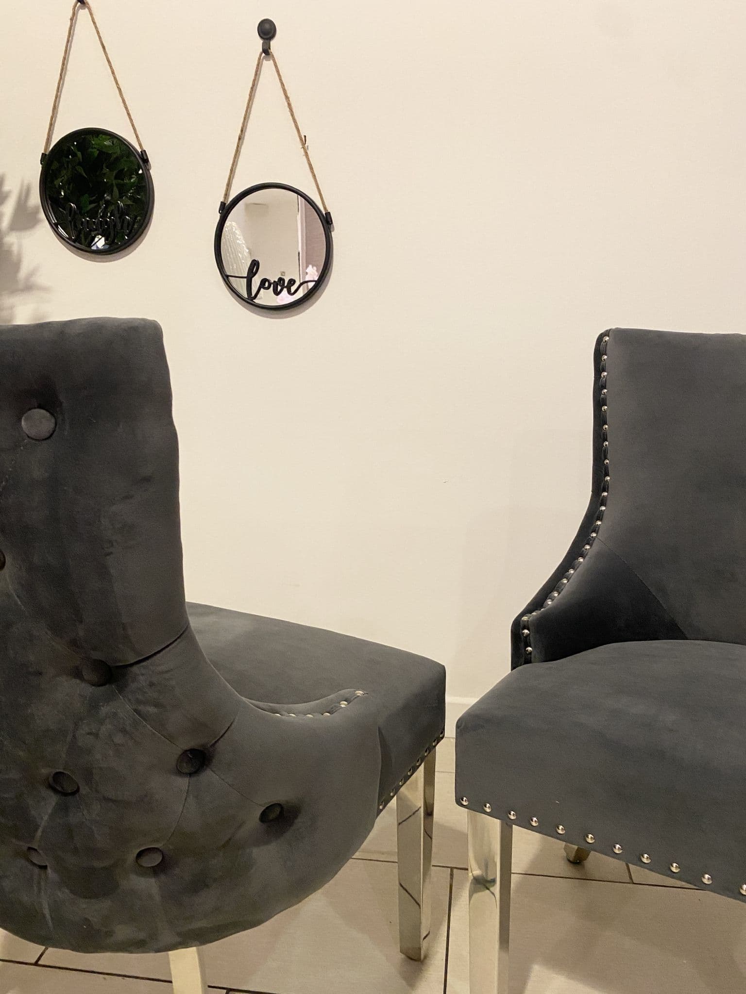 Pair Of Arya Dining Chairs With Ringback In Grey Velvet