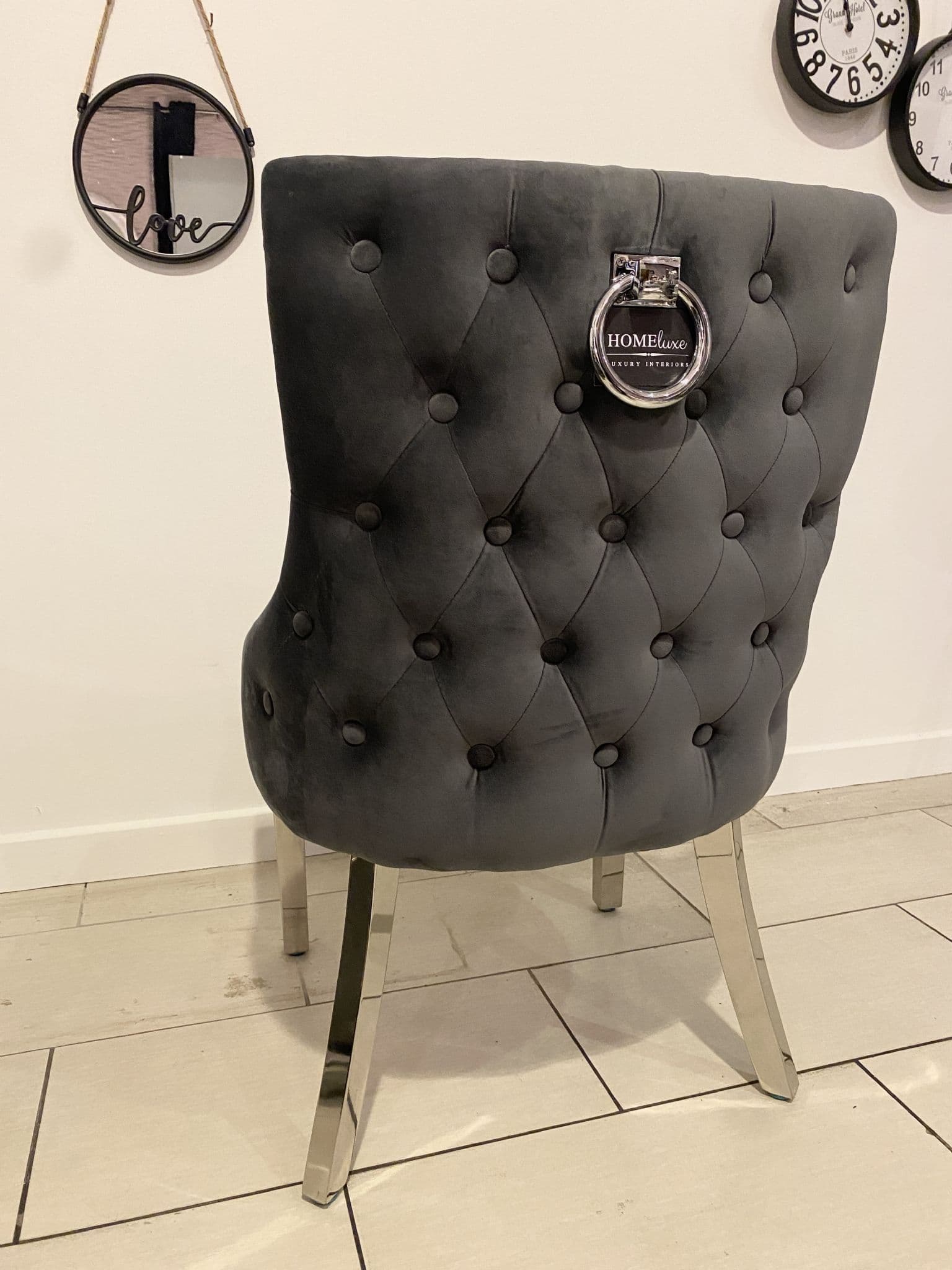 Pair Of Arya Dining Chairs With Ringback In Grey Velvet