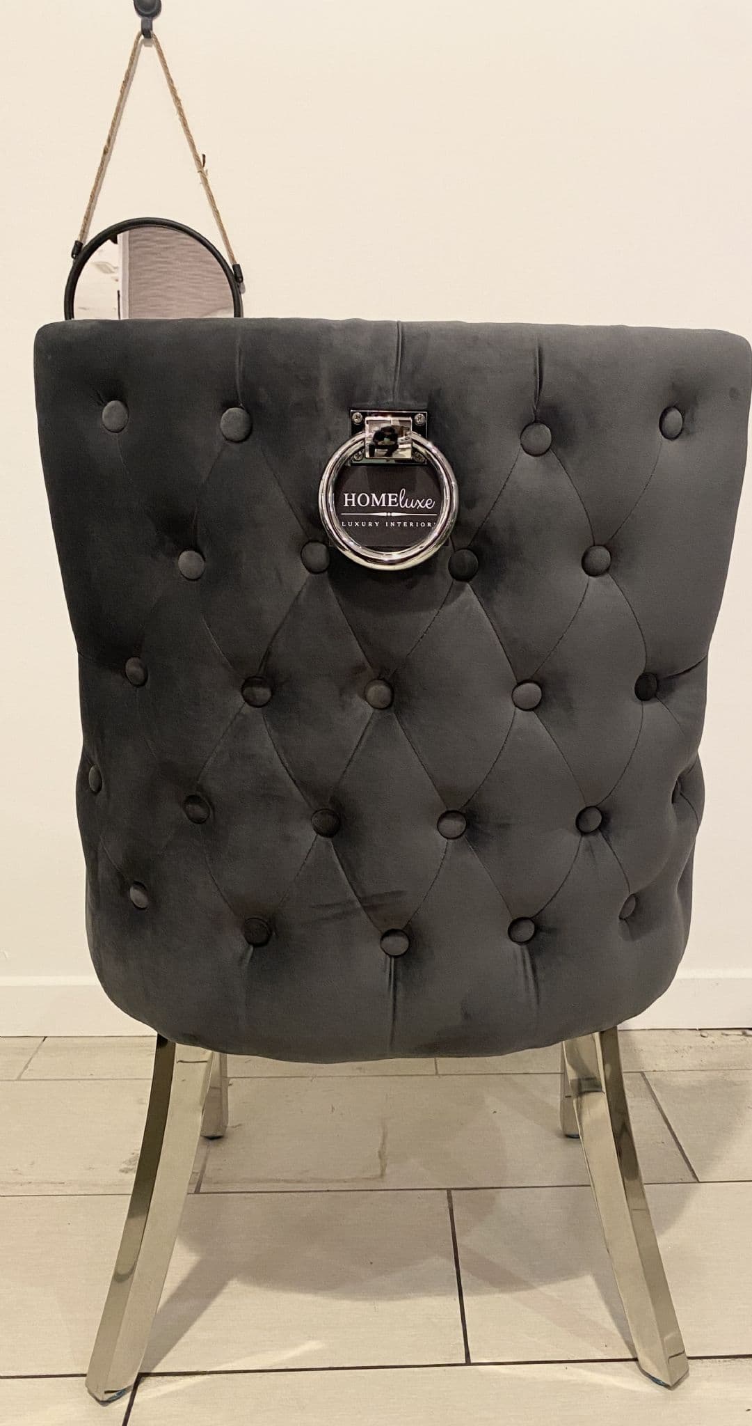 Pair Of Arya Dining Chairs With Ringback In Grey Velvet