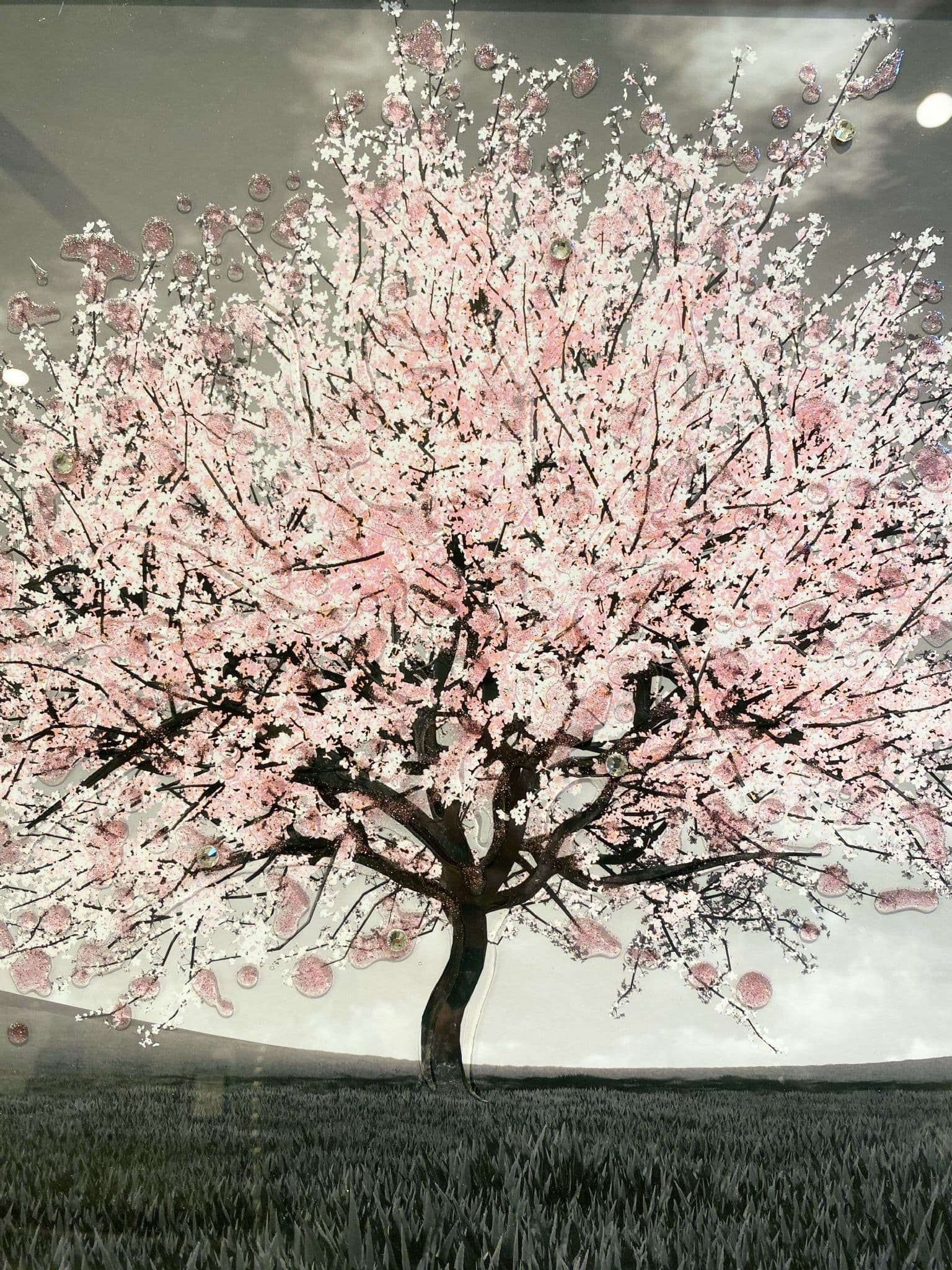 Pink Blossom Tree Glitter Wall Art Chrome Frame