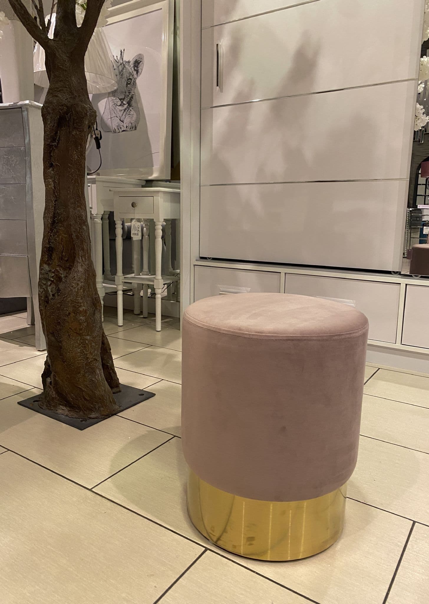 Pink Velvet Round Stool With Gold Base