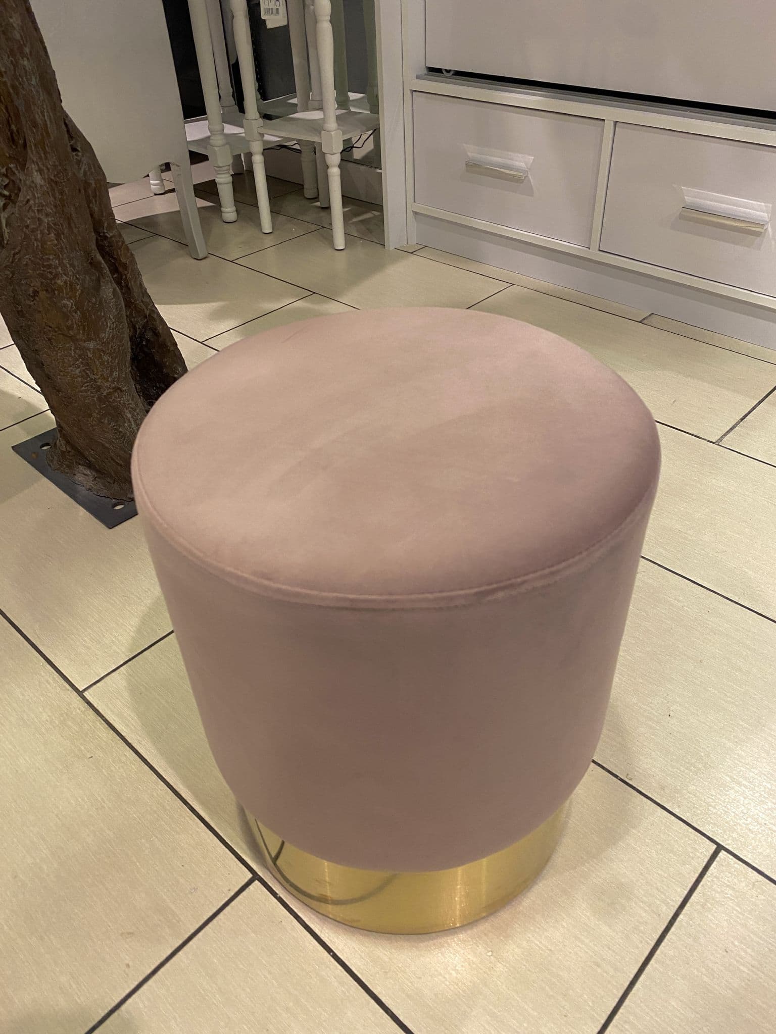 Pink Velvet Round Stool With Gold Base
