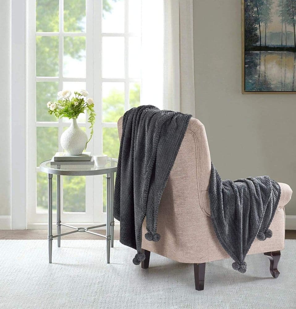 Popcorn Pom Pom Soft Throw 200cm x 240cm Charcoal