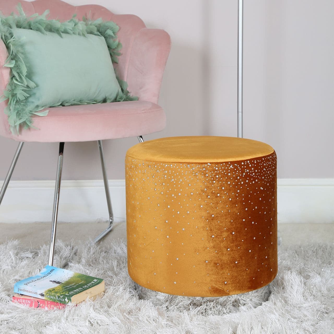 Round Stool With Sparkle Diamante Mustard