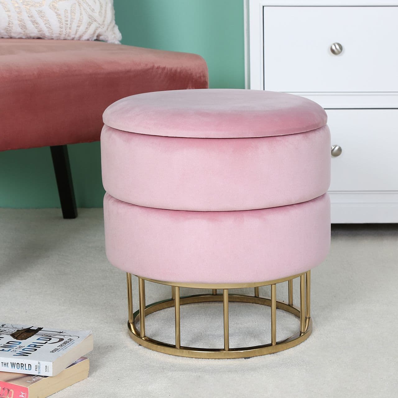 Round Storage Stool Blush Pink Gold Base