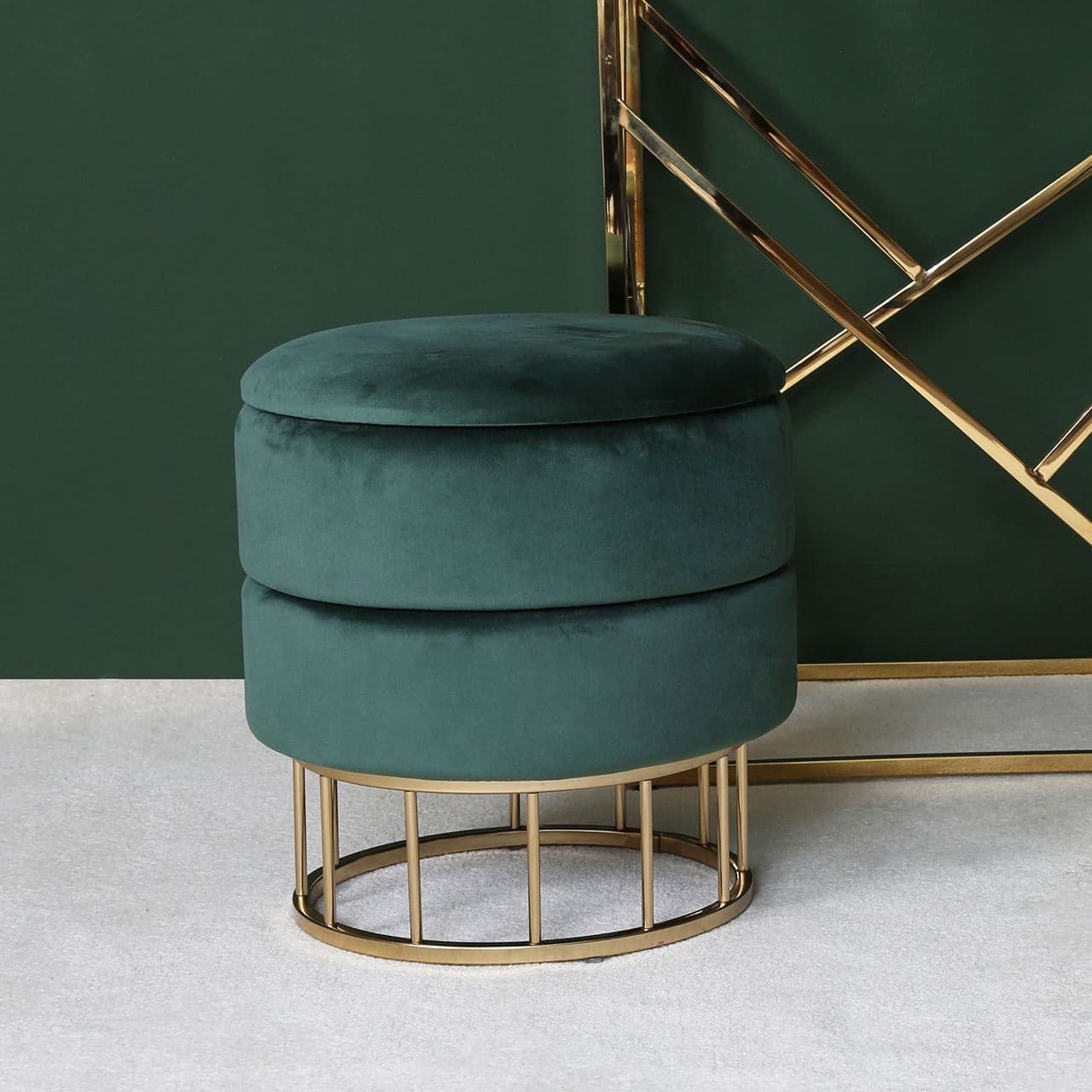 Round Storage Stool Forest Green Gold Base