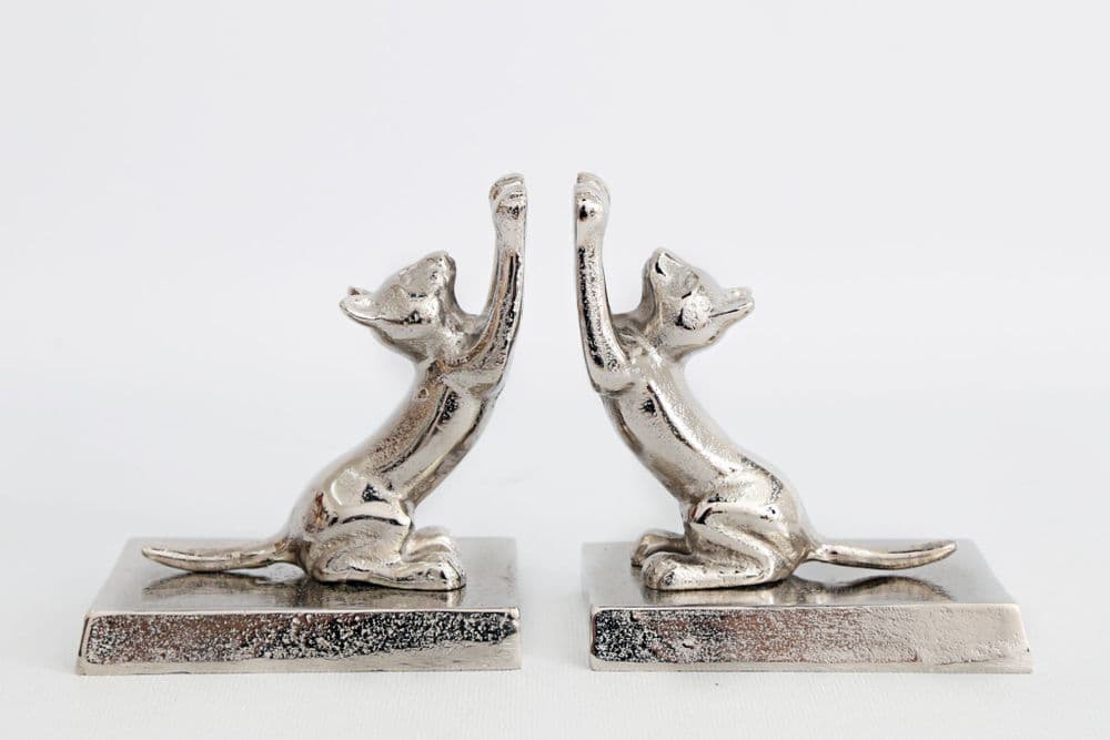 Set Of 2 Silver Metal Cat Bookends