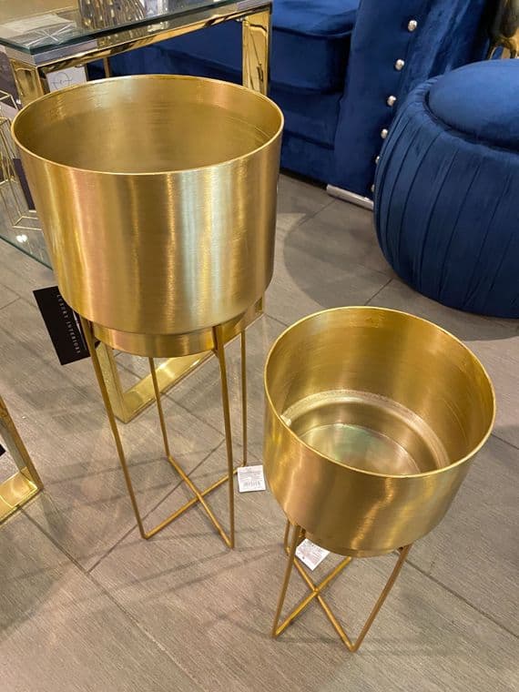 Set Of 2 Tall Gold Planters With Gold Stands