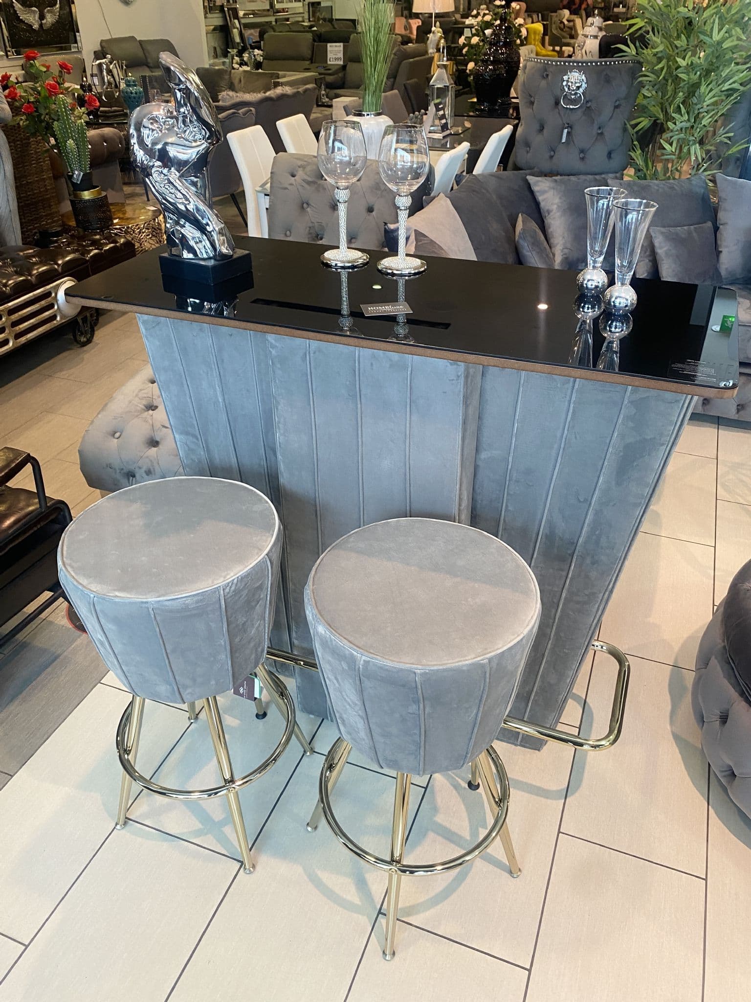 Seville Bar And Grey Velvet Stools Set