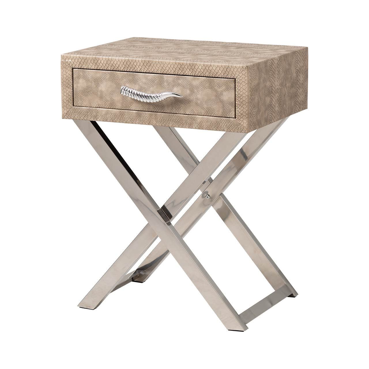 Taupe Faux Snake Leather 1 Drawer End Table Horn Handle
