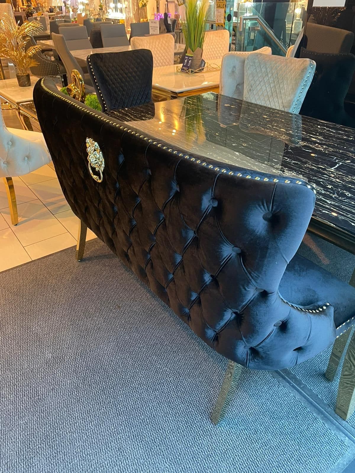 Victoria Black Velvet Dining Bench With Gold Lion Knocker