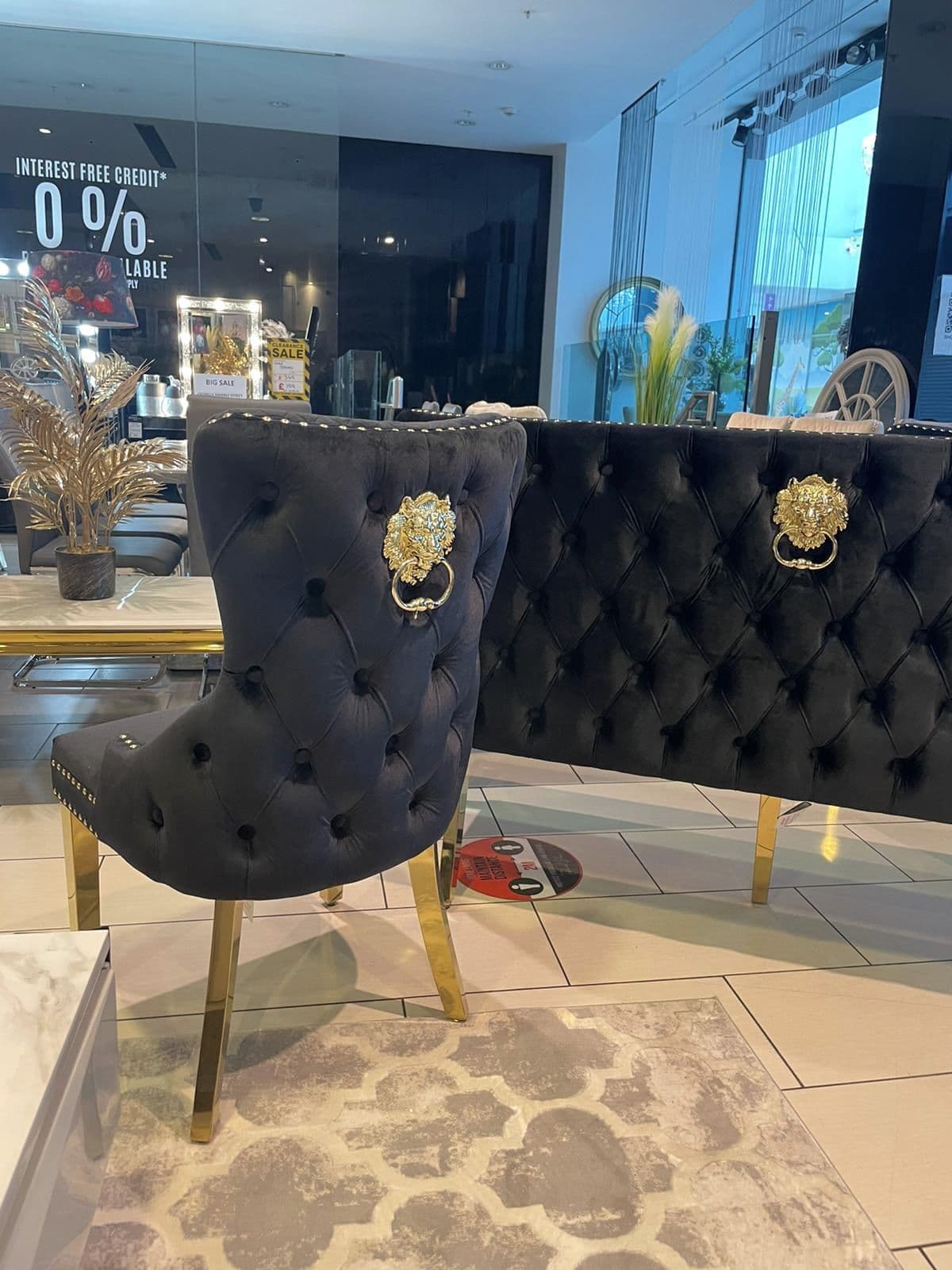 Victoria Black Velvet Dining Bench With Gold Lion Knocker