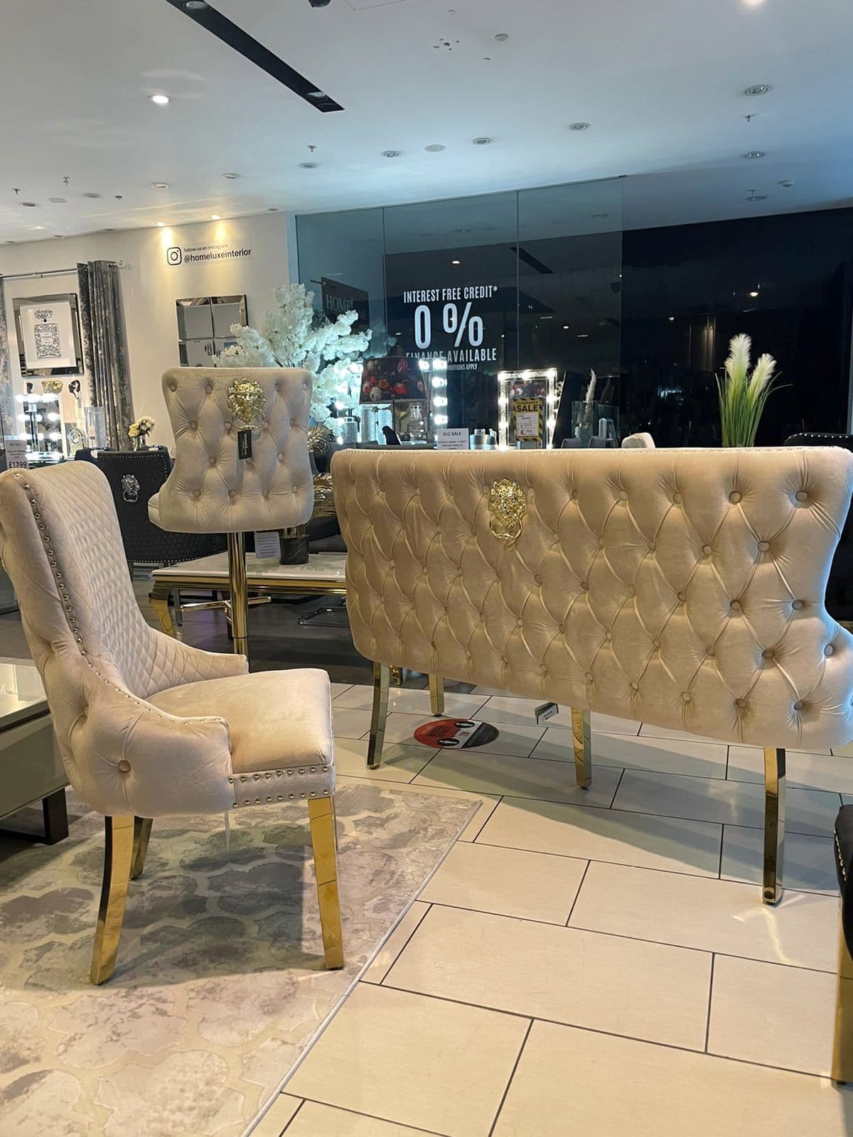 Victoria Mink Velvet Dining Bench With Gold Lion Knocker