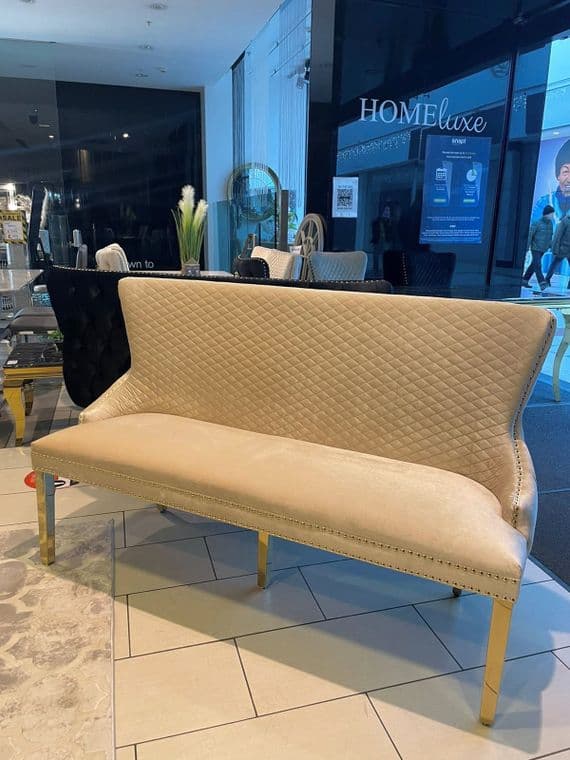 Victoria Mink Velvet Dining Bench With Gold Lion Knocker